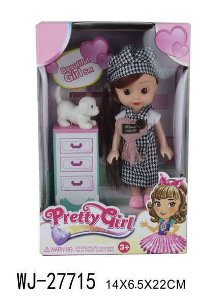 Игровой набор Junfa Кукла 16 см в черно-белом клетчатом сарафане и кепе с питомцем - купить с ...