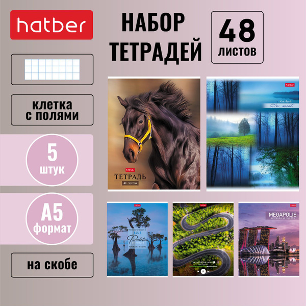 Набор тетрадей 5 штук/5 дизайнов Hatber 48 листов, в клетку на скобе, формата А5 -Ассорти ...