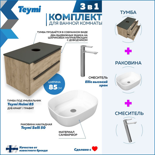 Характеристики Комплект 3 в 1: Тумба Helmi 85 дуб крафт/графит с ...