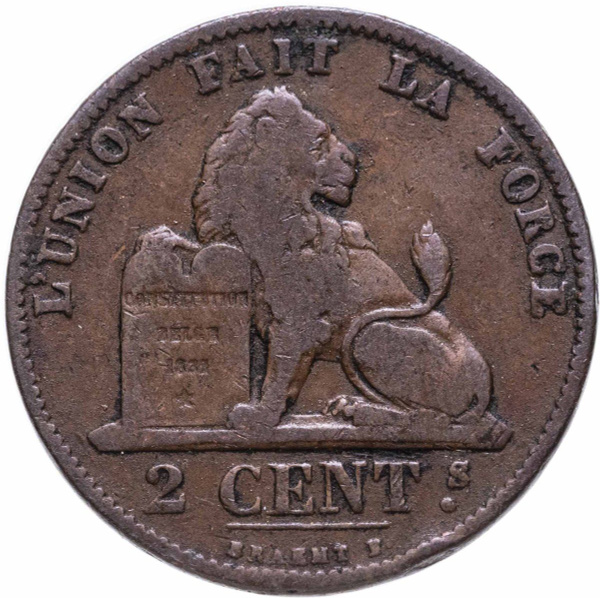 Бельгия 2 сантима centimes 1876 Надпись на французском - 'DES BELGES', Медь, в сохранности F-VF ...