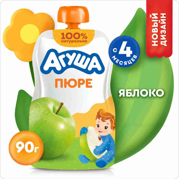 Детское фруктовое пюре Агуша Яблоко в мягкой упаковке с 4 месяцев 90г