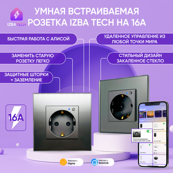 Умная встраиваемая WiFi розетка для Алисы в серой стеклянной раме на ...