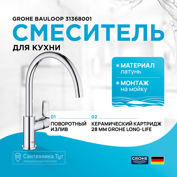 Смеситель для раковины/Кухонный кран Grohe Bauloop 31368001 Хром купить на OZON по низкой цене ...