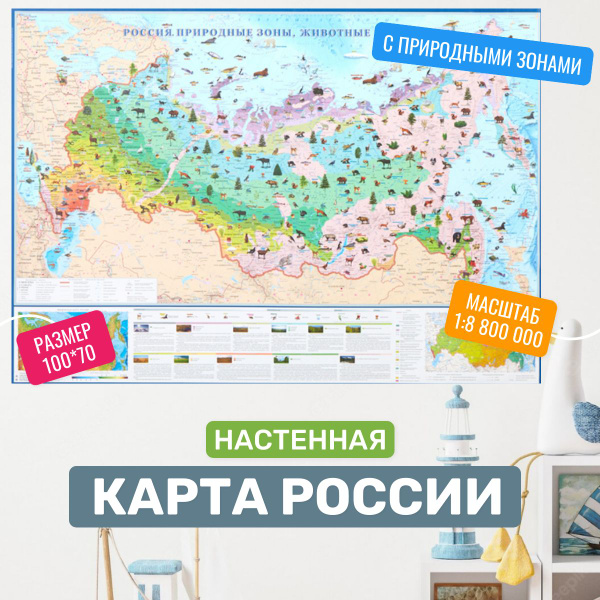 Физическая карта России с природными зонами, животными и растениями ...