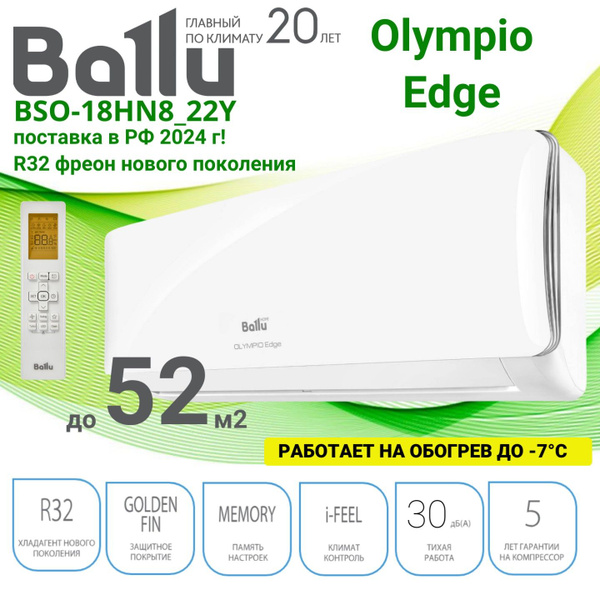 Сплит-система Ballu Olympio Edge BSO-18HN8_22Y на 52 м2, завод Midea, кондиционер 18 - купить по ...