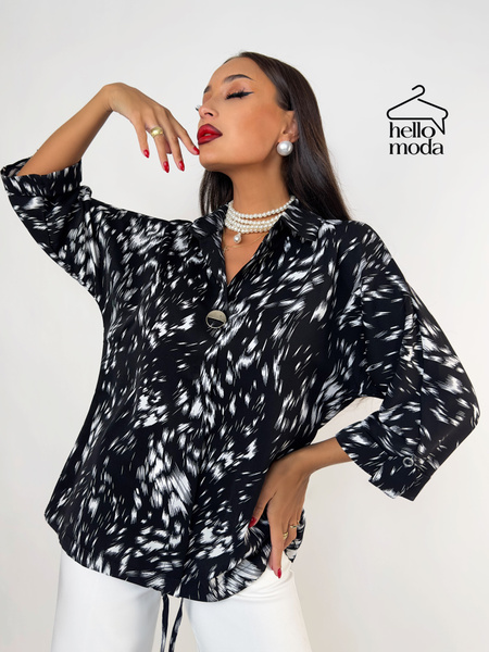 Блузка Женский HELLO MODA! черный матовый, белый Полиэстер Три четверти Цветочный, размер 56 ...