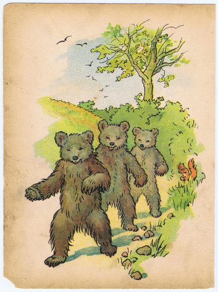 Медвежата. Вместе весело шагать. Роза Петерик. Антикварная хромолитография. Англия, 1906 год ...