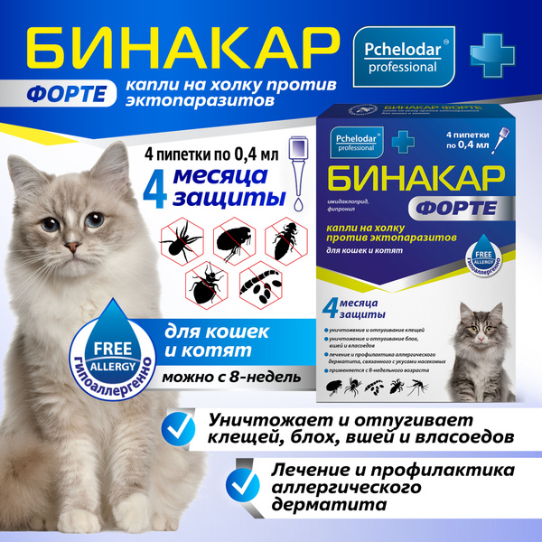 Бинакар Форте Средство от блох для кошек и котят, Капли от клещей блох ...