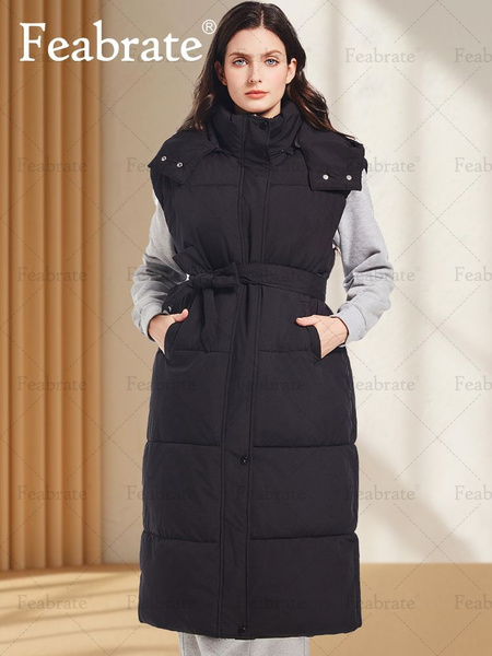 Жилет утепленный Женский Feabrate Капюшон, Карманы черный, размер 48, 50 Полиэстер Полиэстер ...