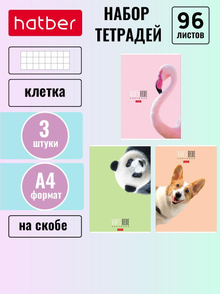 Набор тетрадей Hatber 3 штуки/3 дизайна 96 листов, формата А4, в клетку, на скобе, матовая ...