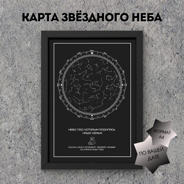 Персональная карта звездного неба по дате дня рождения первой встречи или годовщины свадьбы