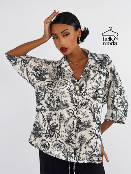 Блузка Женский HELLO MODA! античный белый, черный Полиэстер Три четверти Цветочный, размер 46 ...