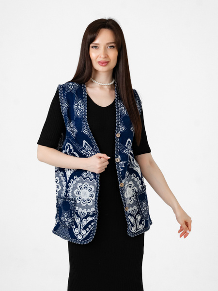 Жилет Женский SAFI&AMI Collection синий кобальт Трикотаж, размер 48 Карманы оверсайз Пуговицы ...