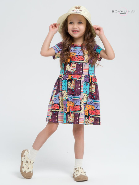 Платье Девочки SOVAlina сливовый прямое Повседневный Короткий Хлопок, Трикотаж, размер 128 Без ...