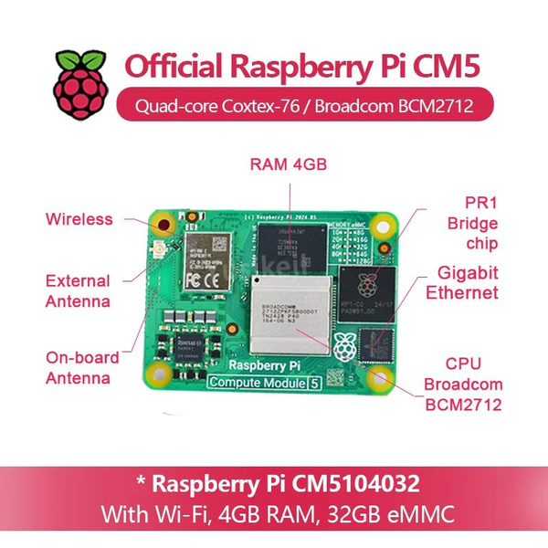 Raspberry Pi CM5, CM5104032 с 4 ГБ ОЗУ, WIFI, EMMC, Broadcom BCM2712 ...