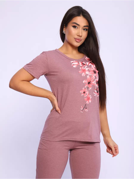 Костюм спортивный Женский GENJO Домашний темно-розовый, размер 46 Хлопок Цветочный Россия На ...