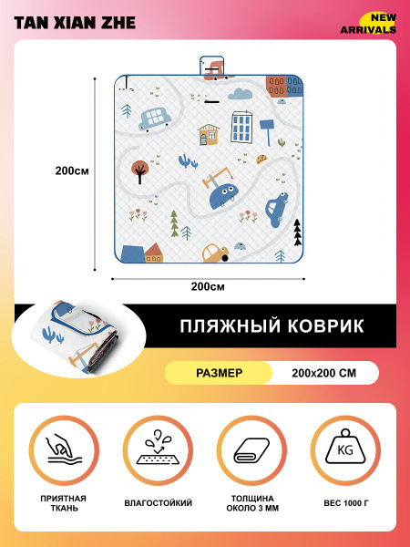 Коврик для пикника TAN XIAN ZHE Пикник, синий, красный, 200х200 см ...