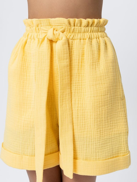 Шорты Девочки Valini Повседневный желтый, размер 164 Муслин, Хлопок, рост 158-164 Резинка Пояс ...