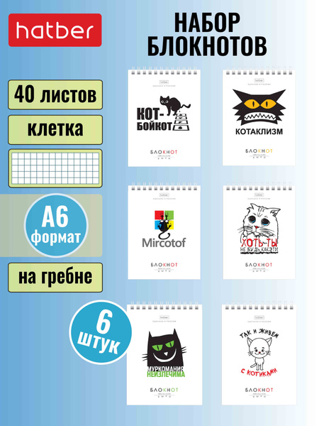 Набор блокнотов Hatber 6 штук/6 дизайнов 40 листов, формата А6, в клетку, на гребне -Муркомания ...