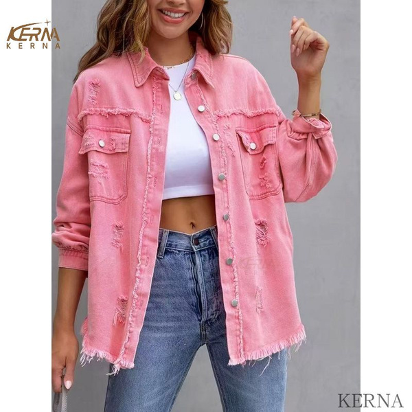 Куртка джинсовая Женский KERNA Карманы светло-розовый пиджачный Джинс, размер 58, 60 Длинный ...