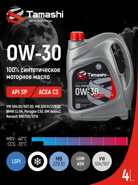 Масло моторное Tamashi API SP, ACEA C3 0W-30 Синтетическое 4 л 0W30T094 купить c доставкой на ...
