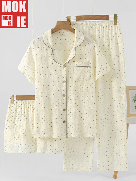 Пижама Женский Mokie с брюками Муслин, Хлопок, размер 42, 44 Сердца бежевый нейтральный, средне ...