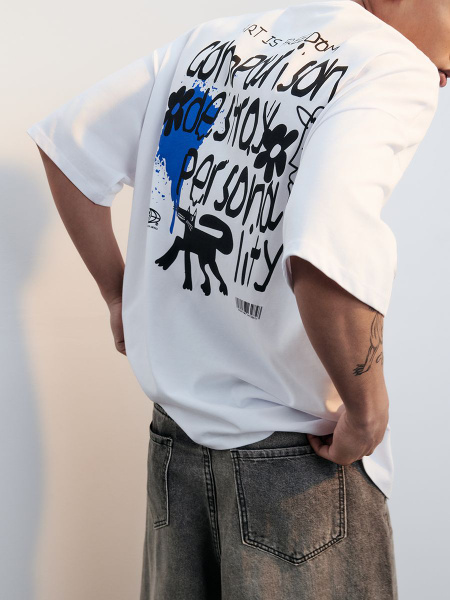 Футболка Мужской Befree белый Короткий, размер 46 Хлопок Разноцветный свободный Повседневный ...