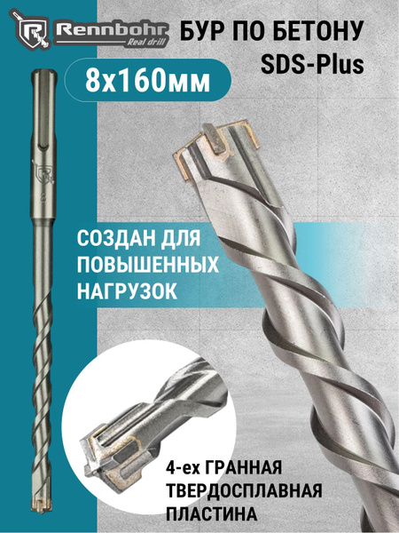 Бур по бетону для перфоратора SDS Plus Rennbohr Quadro 4 грани 8x160 купить на OZON по низкой ...