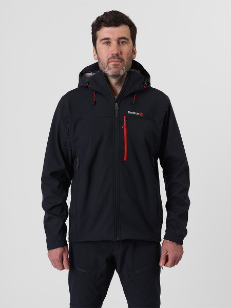 Куртка Мужской RedFox Капюшон, Карманы черный, красный капюшон Нейлон, Спандекс, размер 44, 46 ...