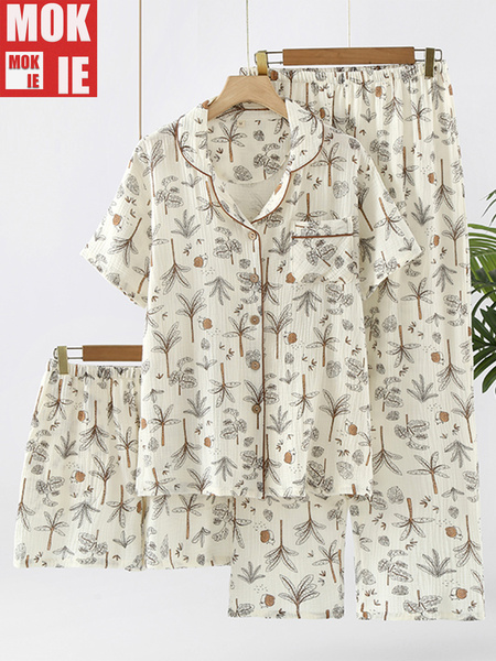 Пижама Женский Mokie с брюками Муслин, Хлопок, размер 50 Сердца бежевый нейтральный, бежевый ...