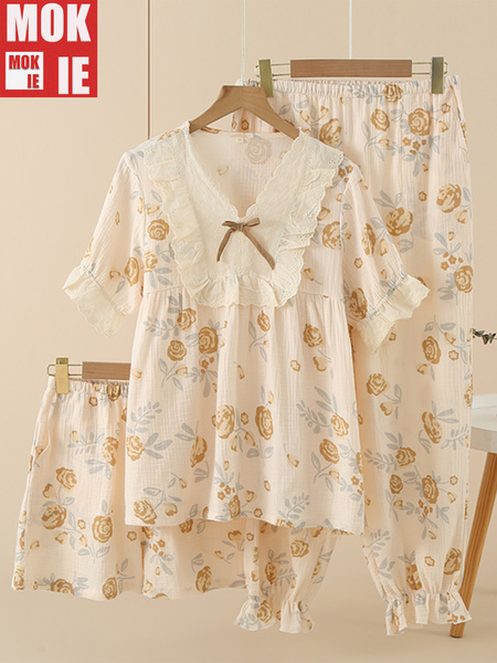 Пижама Женский Mokie с брюками Муслин, Хлопок, размер 50 Цветочный золотисто-бежевый Длинный ...