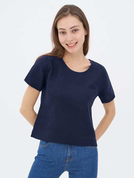 Блузка Женский TRANGO темно-синий Лён Короткий Однотонный, размер 42 свободный Без застежки ...