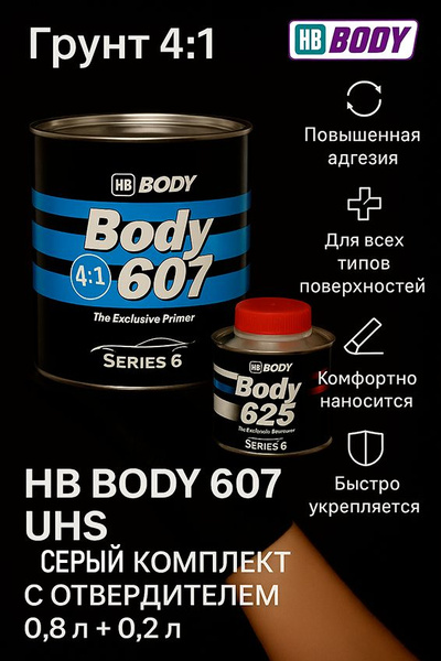 ГРУНТ автомобильный акриловый UHS 2K 4:1 СЕРЫЙ 0,8 л + 0,2 л отвердитель, выравнивающий ...