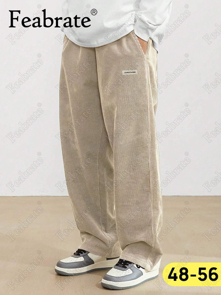 Брюки Мужской Feabrate прямые, широкие хаки Вельвет Повседневный, размер 54 Шнуровка прямой ...