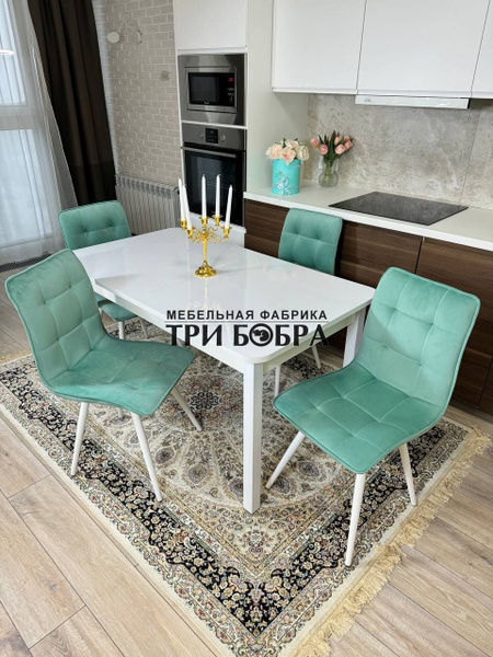 Стол кухонный раздвижной, Белый глянец, стулья для кухни комплект 4 шт ...