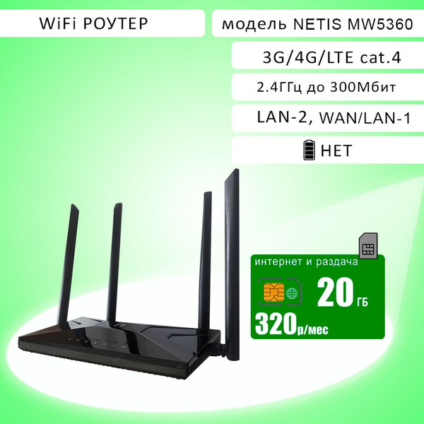 Роутер Netis MW5360, интернет и раздача 20ГБ за 320, черный, 2.4 ГГц ...