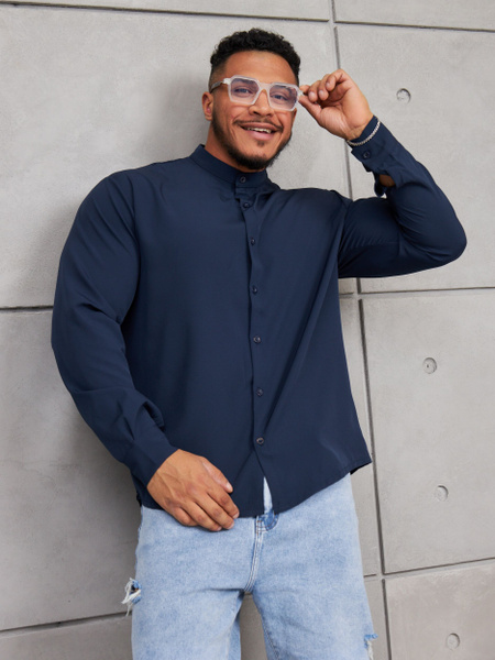 Рубашка Мужской GOODWIN ENACTMENT темно-синий Длинный Полиэстер Воротник, Манжеты Однотонный ...