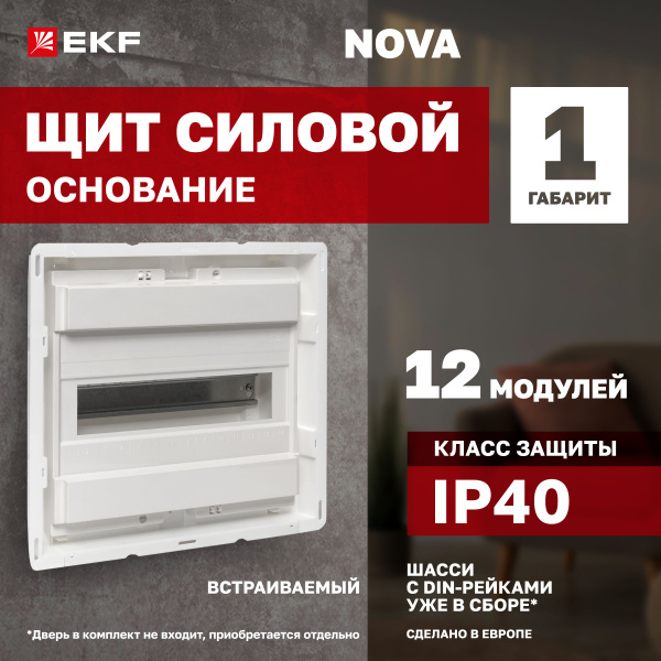 Основание силового щита "Nova" на 12 модулей, 1 ряд, 1 DIN-рейка, IP40 EKF 1 габарит, щиток ...
