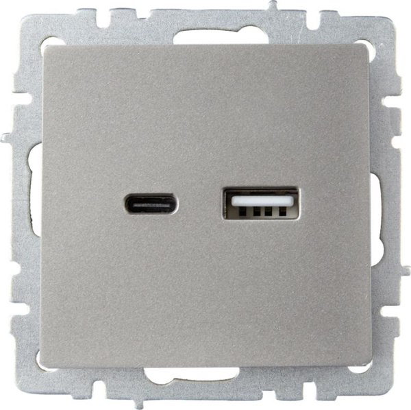Розетка USB IEK / ИЭК Brite РЮ11-1-БрС, A+С, 18Вт, двухместная, цвет сталь, BR-U22-018-K46 ...