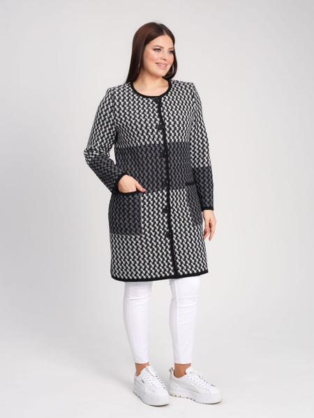 Кардиган Женский BONADI черный, белый, размер 58 Пуговицы Карманы полуприталенный Длинный ...