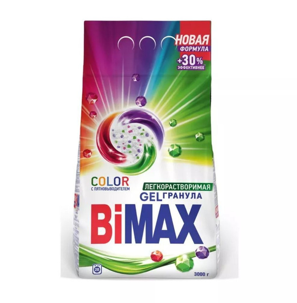 BiMAX Стиральный порошок 3000 г 30 стирок Для цветных тканей, Для черных и темных тканей ...