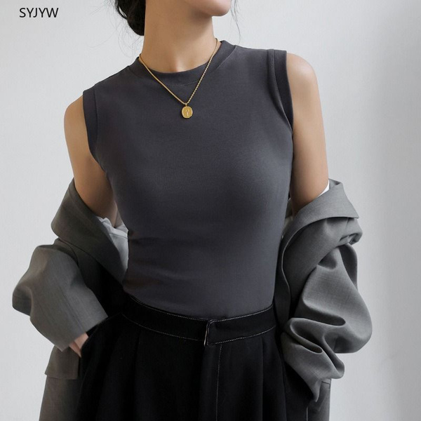 Майка Женский SYJYW темно-серый, размер 40 Хлопок Повседневный Китай Однотонный купить c ...