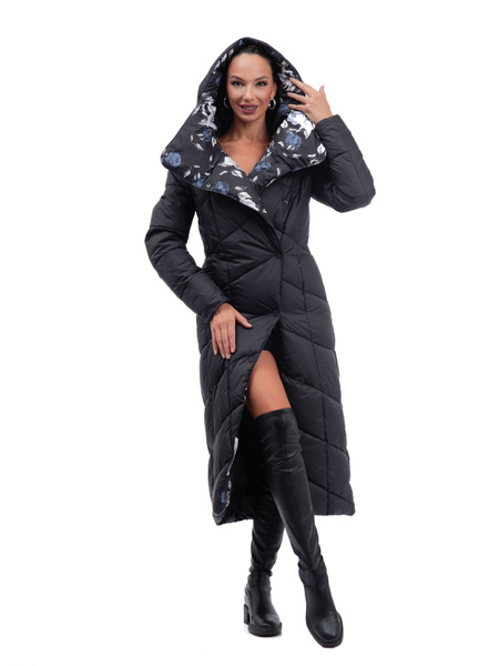 Пуховик Женский Rosso Style черный сапфир капюшон Плащевка, размер 44 Длинный Зима Био-пух ...