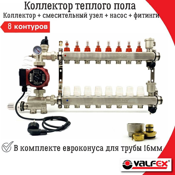 Характеристики Комплект для водяного теплого пола 8 выходов VALFEX (Коллектор на 8 контуров ...