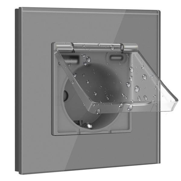 Розетка с Usb и Type C входами C крышкой влагозащищённая 1 поста 16А 250В рамка стекло Серая