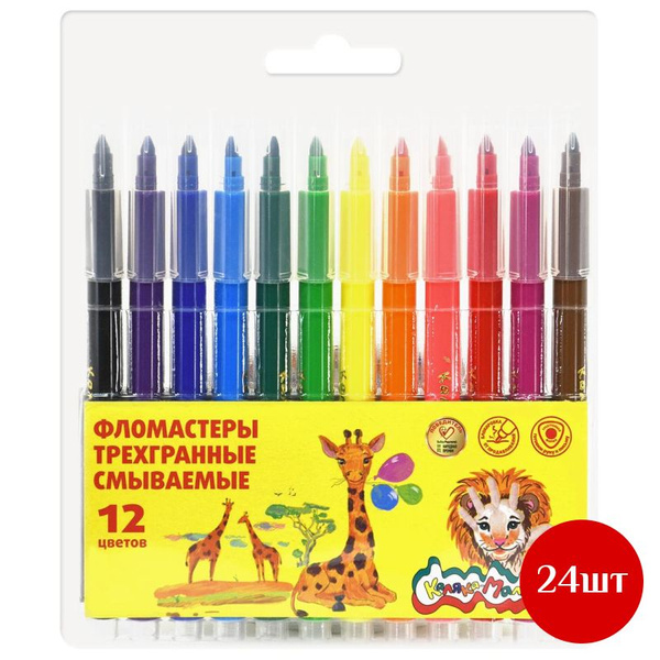 Фломастеры Каляка-Маляка ТРЕХГРАННЫЕ 12 цв., грифель 3мм, ,ФТГКМ12, 24 ...
