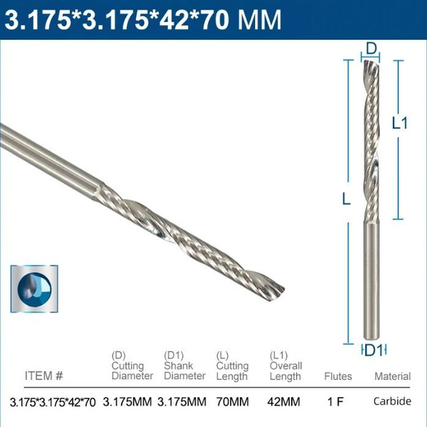 Фреза спиральная XCAN однозаходная 3,175x3,175x42x70мм, по дереву и ...