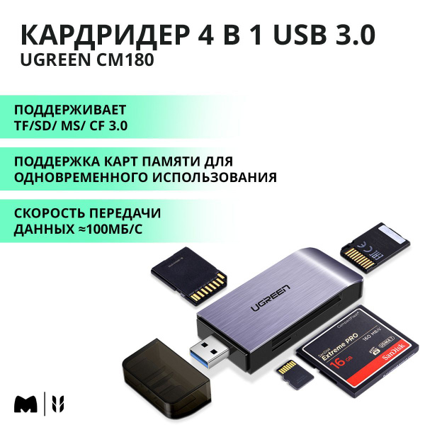 Кардридер UGREEN CM180 4 в 1 USB 3.0 A Multi Card Reader, TF/SD/MS/CF ...