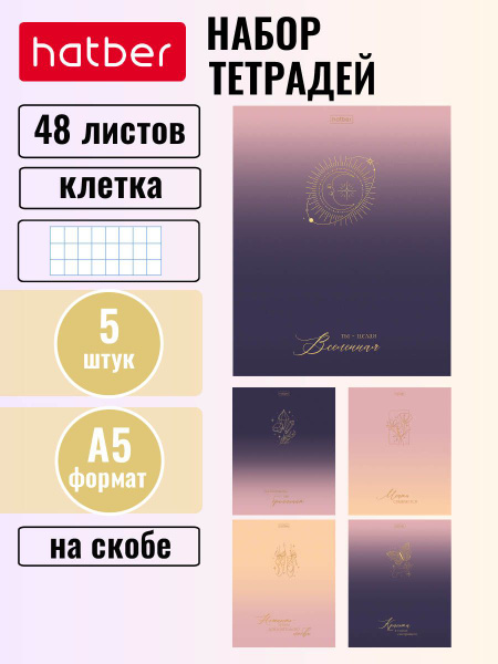Набор тетрадей Hatber 5 штук/5 дизайнов 48 листов, А5, в клетку, на скобе, матовая ламинация, 3D ...