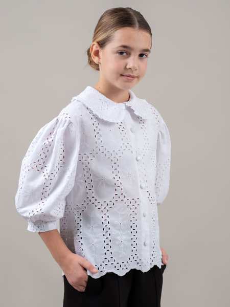 Блузка Девочки Valini белый, белый бриллиант Хлопок Воротник, Вышивка Три четверти ...